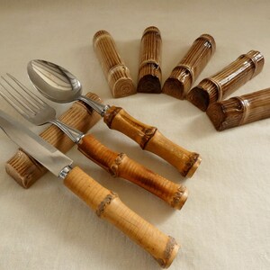 6 Vintage Bamboo Knife Rests French Brown Majolica Ceramic Cutlery ...