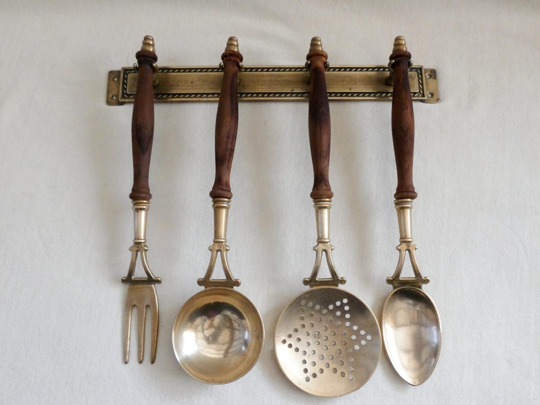 Vintage French Brass Kitchen Utensils Set Wooden Handles Hanging Rail ...