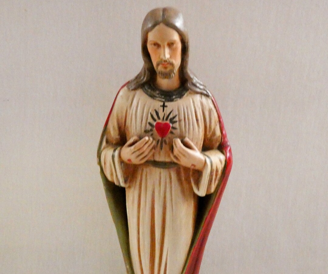 13" Vintage French Jesus Statue Plaster Christ Sacred Heart Sculpture ...