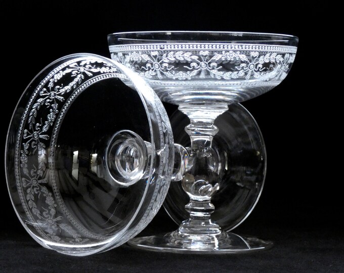 2pc. Antique French Champagne Coupes, Vintage Engraved Crystal ... 2pc. Antique French Champagne Coupes, Vintage Engraved Crystal ...