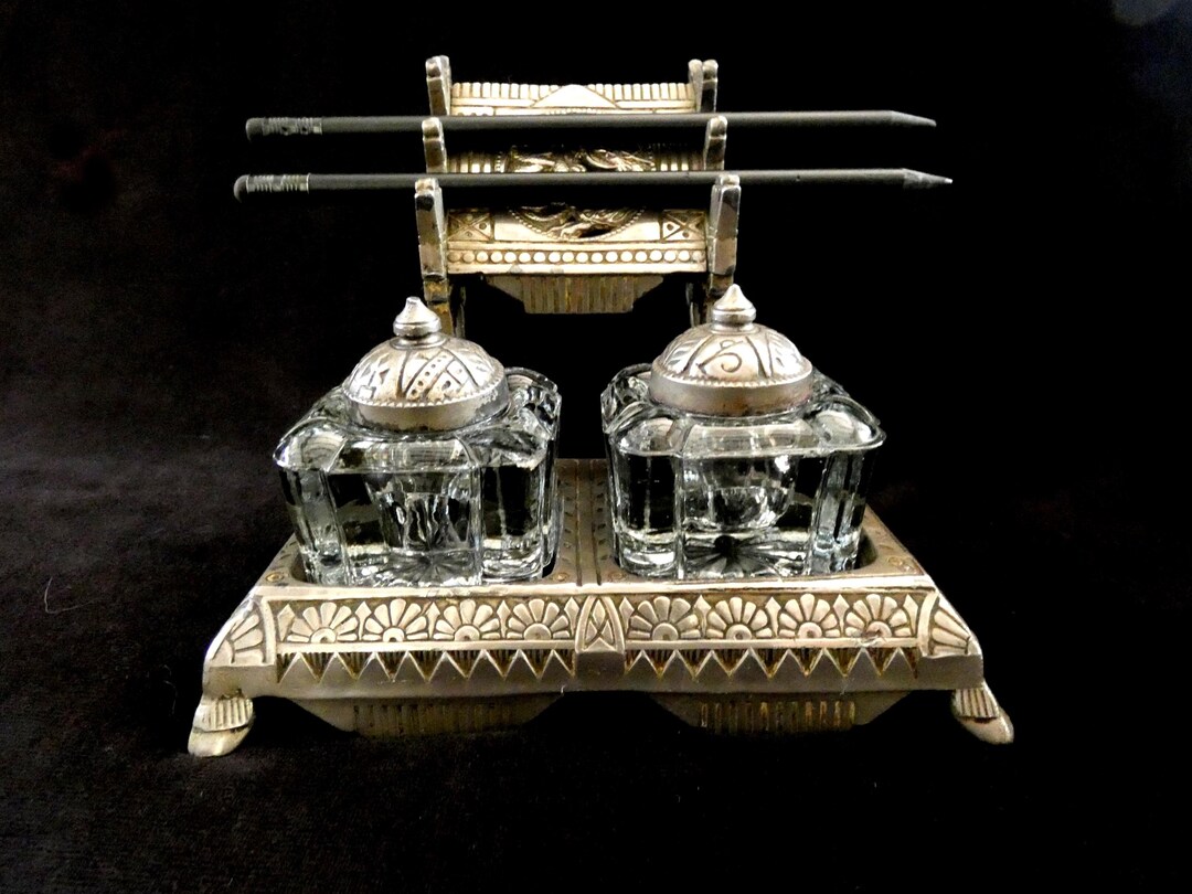 Antique Japanese Inkwell 3 Pen Holders Dragons Decor Embossed Metal ...
