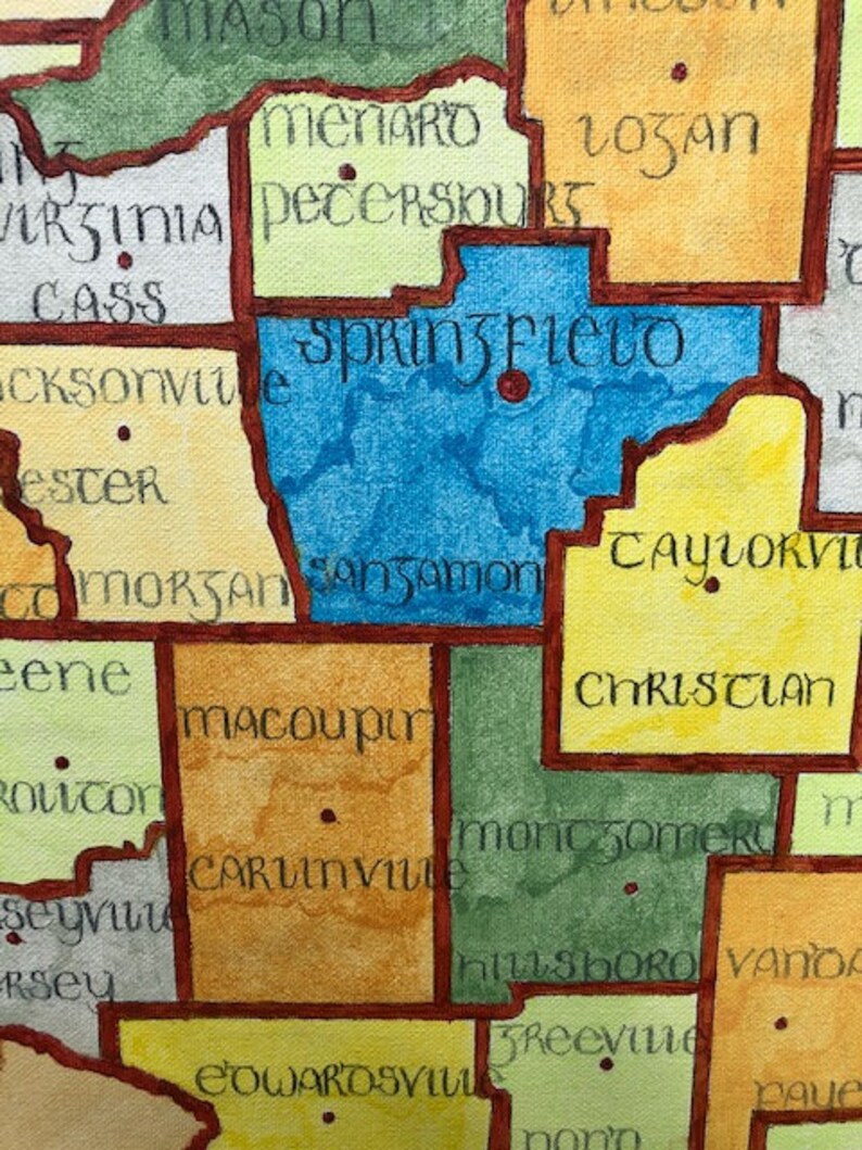 Mapa de Illinois y sus condados, script celta, pintado a mano por la ...