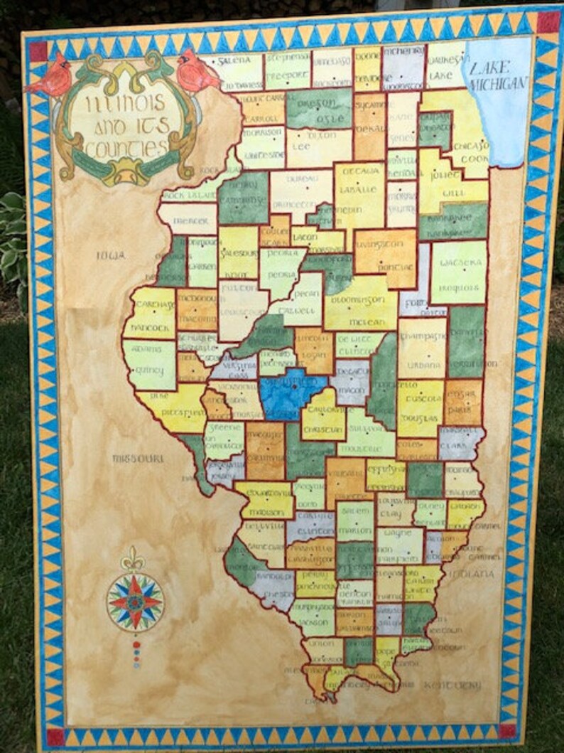Mapa de Illinois y sus condados, script celta, pintado a mano por la ...