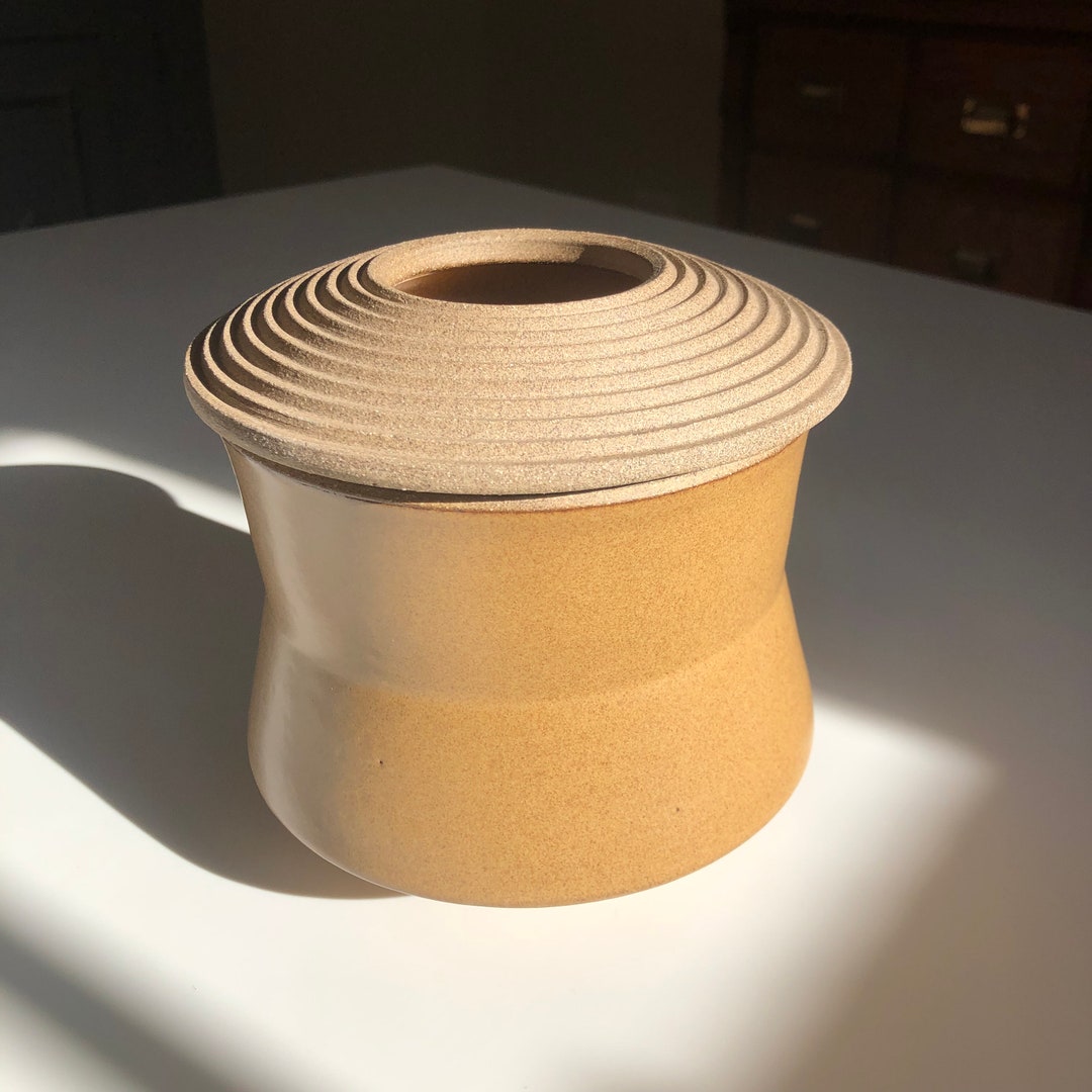 Angular Vessel W/ Linear Textured Lid, Sandy Clay - Etsy