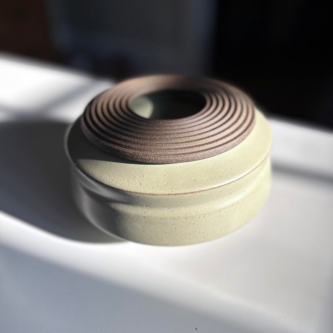 Wide Angular Vessel With Linear Textured Lid, Gray Green - Etsy