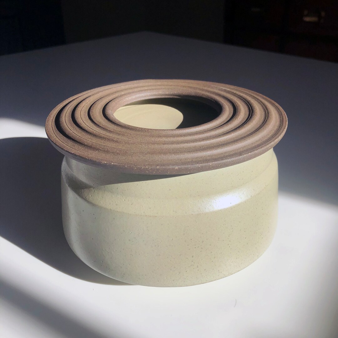 Angular Lidded Vessel W/unglazed Ribbed Lid, Gray Green - Etsy