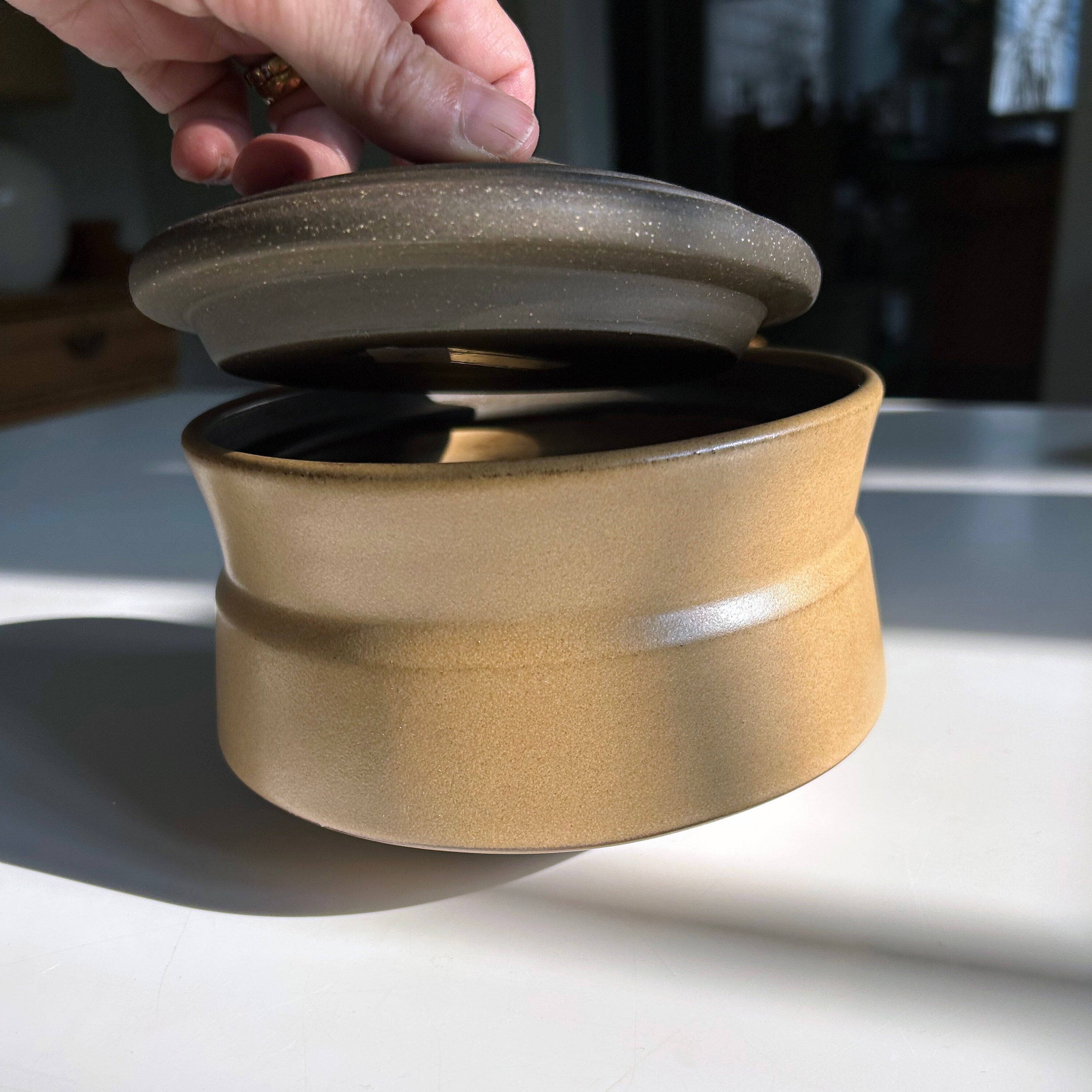 Angular Vessel W/ribbed Lid, Mustard/dark Brown Clay Body - Etsy