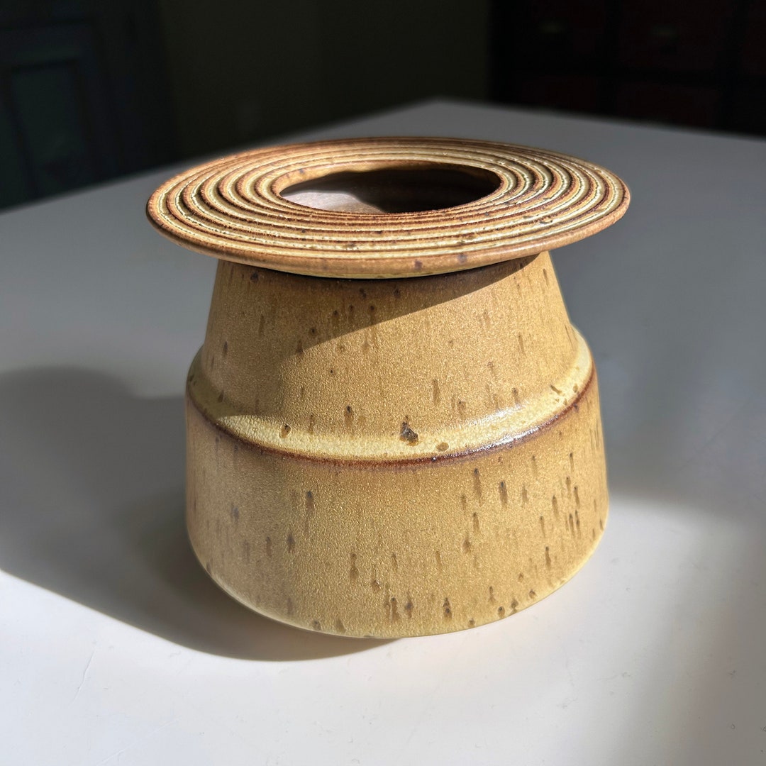Angular Stoneware Vessel W/ Linear Textured Lid, Yellow Salt - Etsy