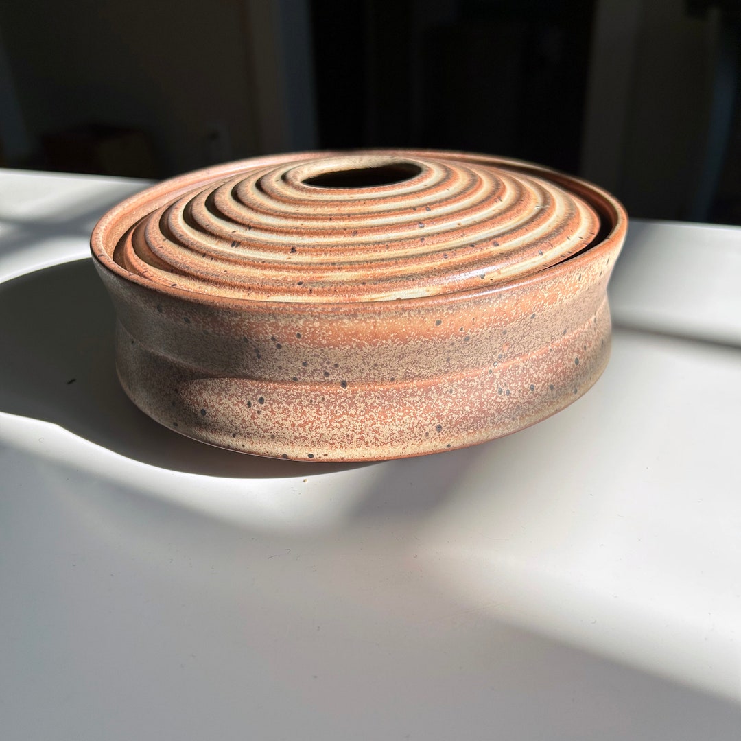 Wide Angular Vessel W/ Ribbed Lid, Rust - Etsy