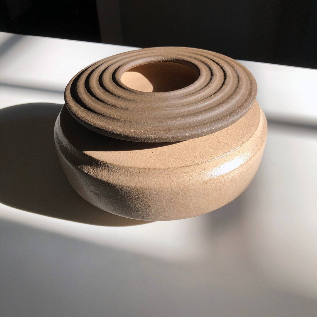 Wide Angular Vessel With Ribbed Textured Lid, Taupe - Etsy