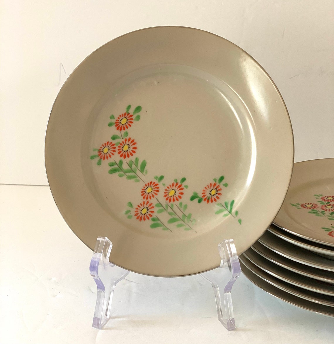 Vintage Hand Painted Set of 8 Side Plates Tan With Orange & - Etsy