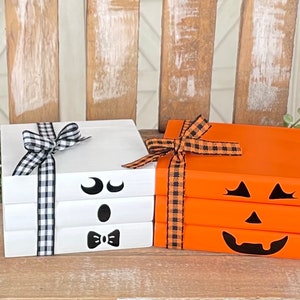 Farmhouse Mini Wood Book Stack, Halloween Wood Books Halloween Decor ...