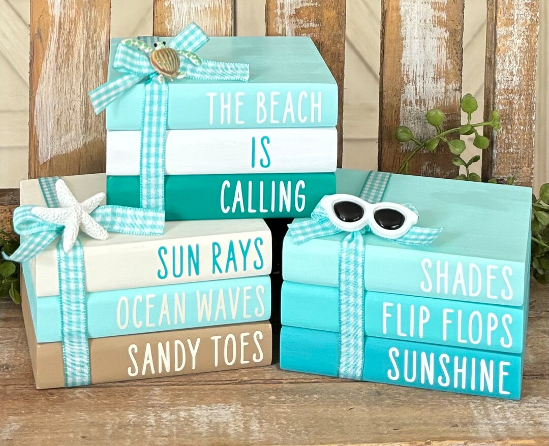 Farmhouse Beach Wood Book Stack, Beach Decor, Mini Wood Books ...