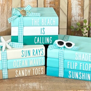 Farmhouse Beach Wood Book Stack, Beach Decor, Mini Wood Books ...