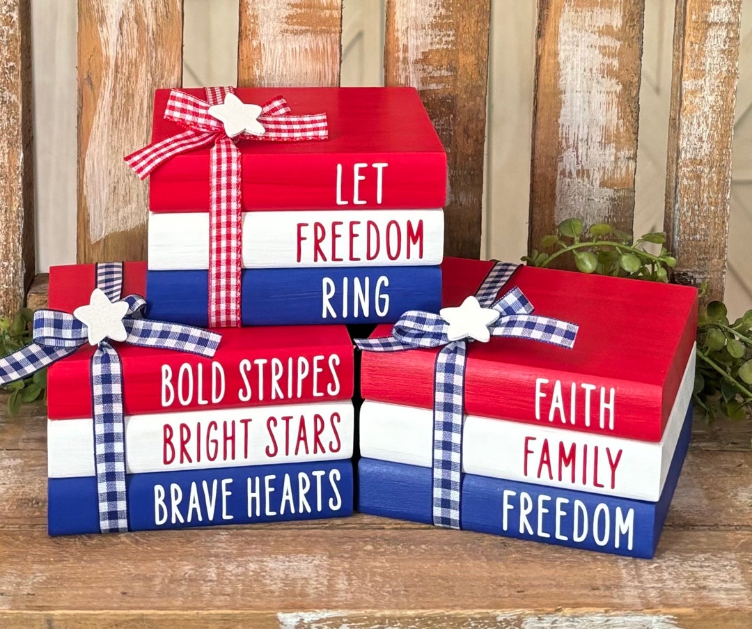 Farmhouse Mini Wood Book Stack, Patriotic Wood Books, Fireworks ...
