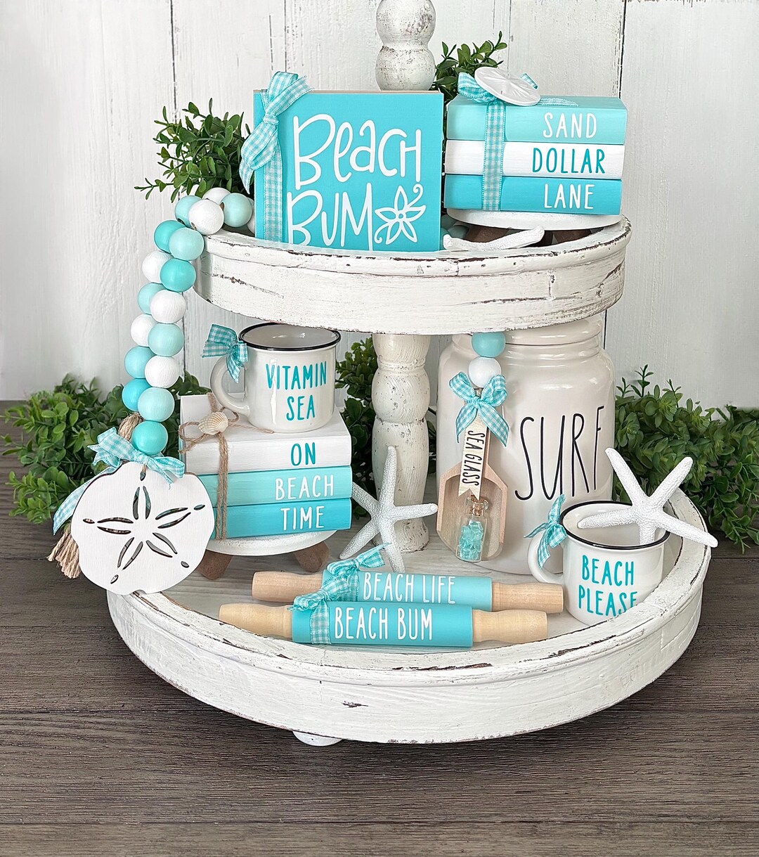 Farmhouse Beach Mini Wood Book Stack, Beach Decor, Beach Tiered Tray ...