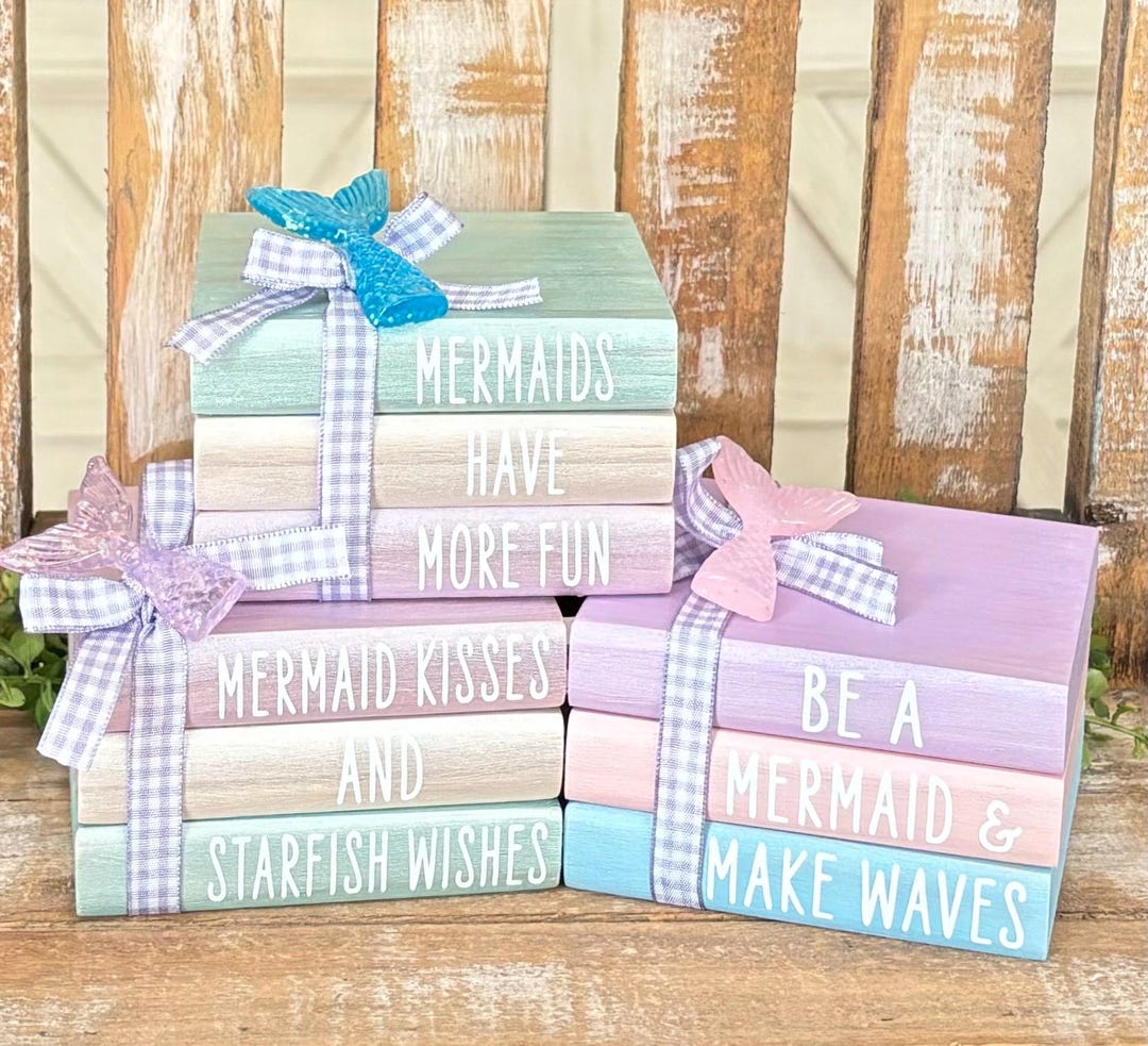 Farmhouse Beach Wood Book Stack, Beach Decor, Mini Wood Books ...