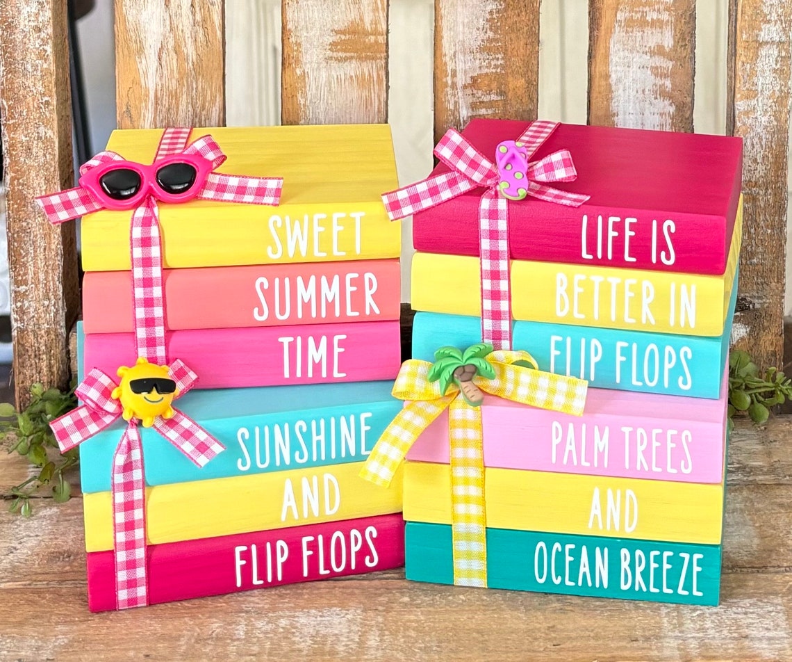 Farmhouse Mini Wood Book Stack Summer Mini Wood Books Summer Tiered ...