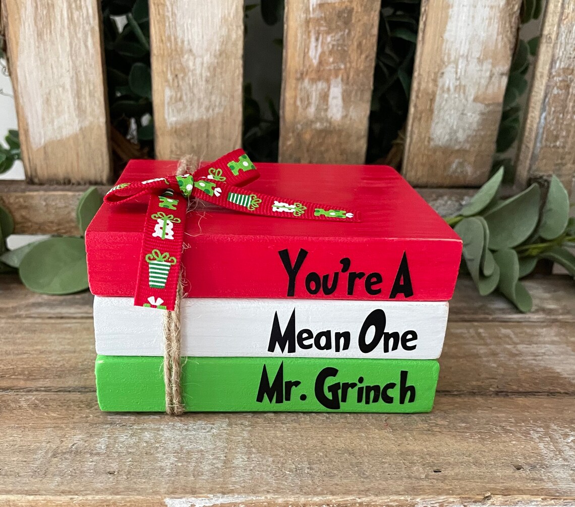 Grinch Decor Grinch Mini Wood Book Stack Christmas Book | Etsy