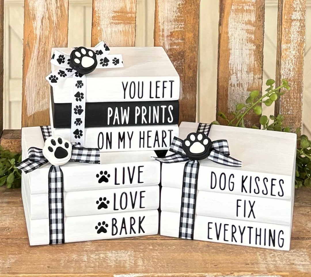 Farmhouse Mini Wood Book Stack Wood Books Dog Tiered Tray Decor Dog ...