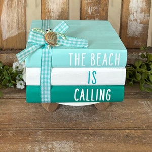 Farmhouse Beach Wood Book Stack, Beach Decor, Mini Wood Books ...
