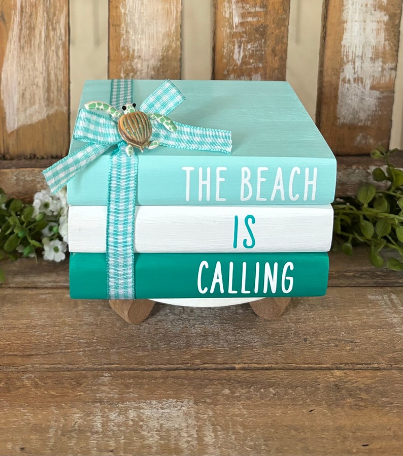 Farmhouse Beach Wood Book Stack, Beach Decor, Mini Wood Books ...
