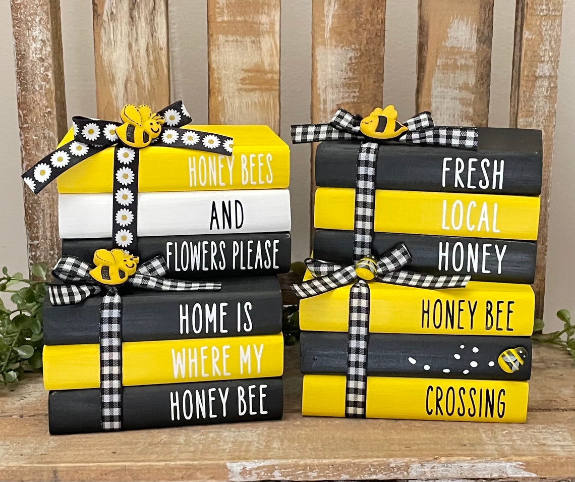 Farmhouse Bee Wood Books Bee Decor Mini Bee Wood Book Stack - Etsy