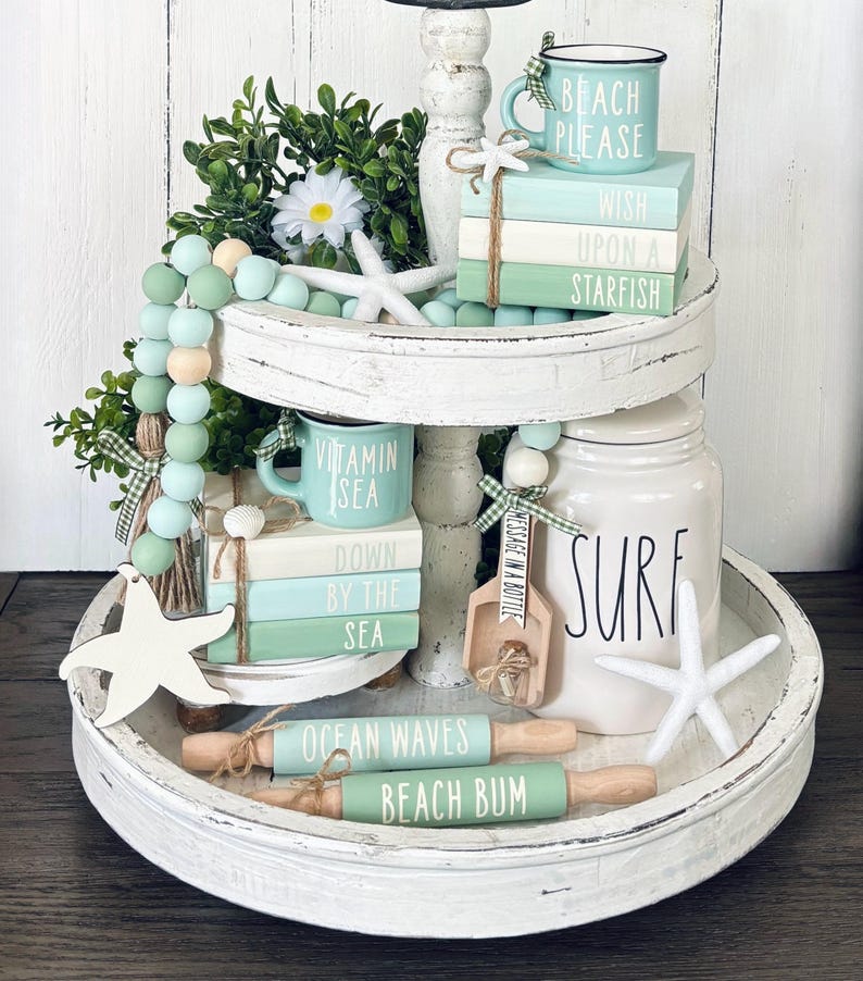 Farmhouse Beach Mini Wood Book Stack, Beach Decor, Beach Tiered Tray ...