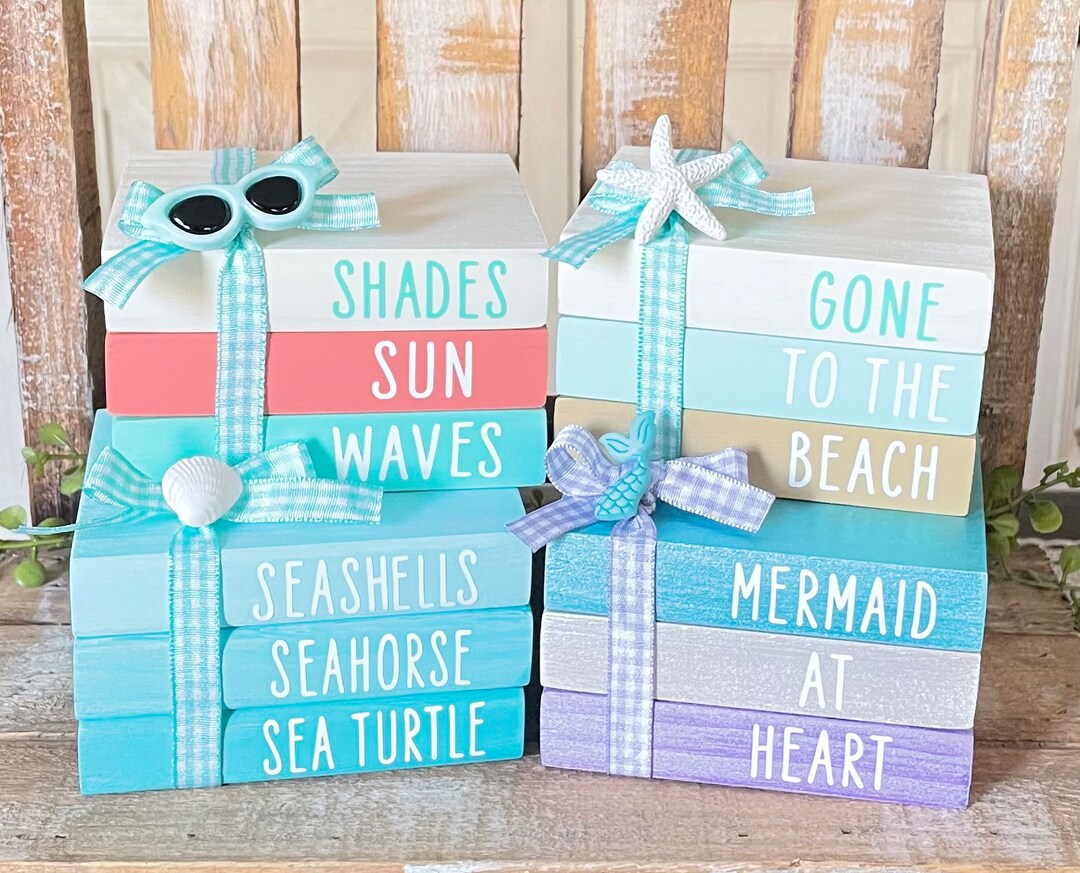 Farmhouse Beach Wood Book Stack, Beach Decor, Mini Wood Books ...
