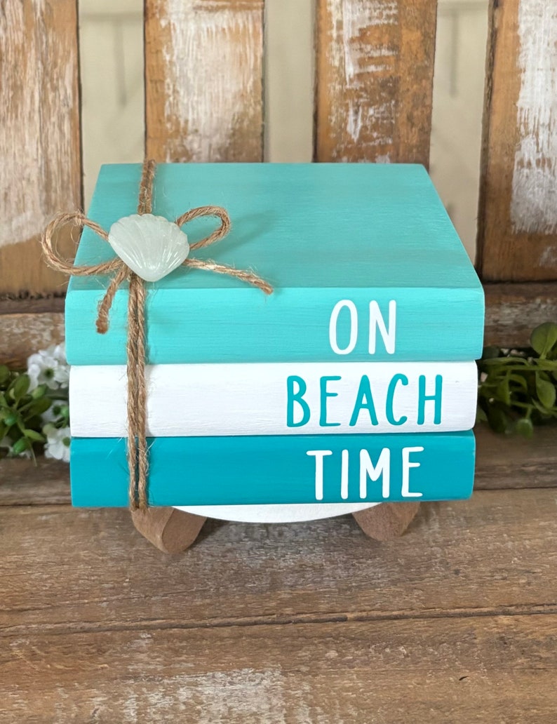 Farmhouse Beach Wood Book Stack, Beach Decor, Mini Wood Books ...