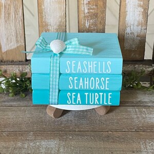 Farmhouse Beach Wood Book Stack, Beach Decor, Mini Wood Books ...
