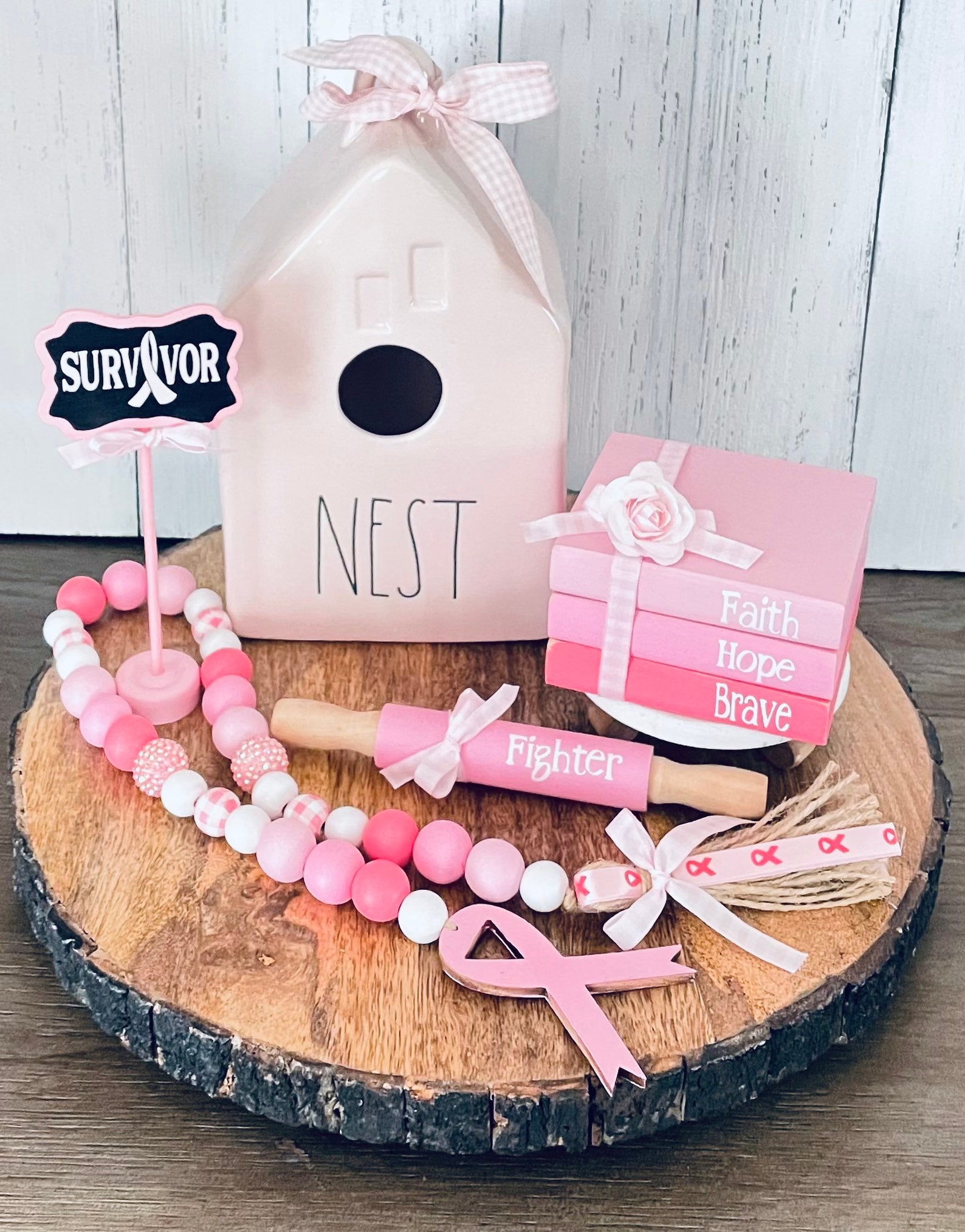 Breast Cancer Awareness Tiered Tray Decor, Farmhouse Decor, Wooden ...