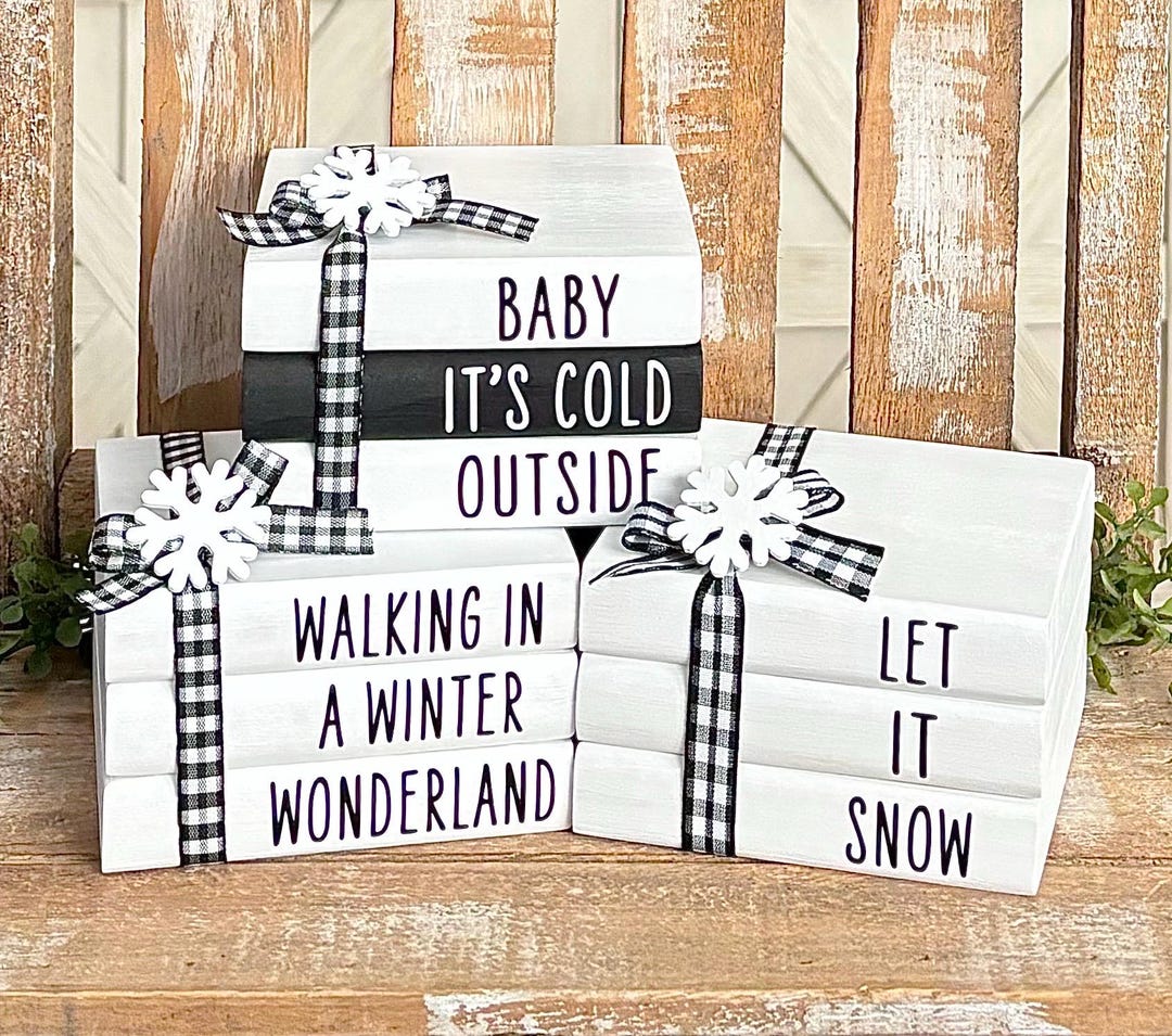 Winter Mini Wood Books Christmas Wood Book Stack Snowfkakes Decor ...
