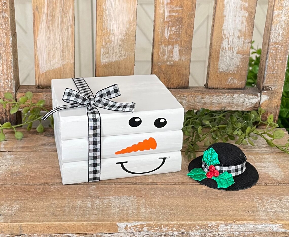 Farmhouse Mini Wood Book Stack Snowman Wood Books Christmas - Etsy