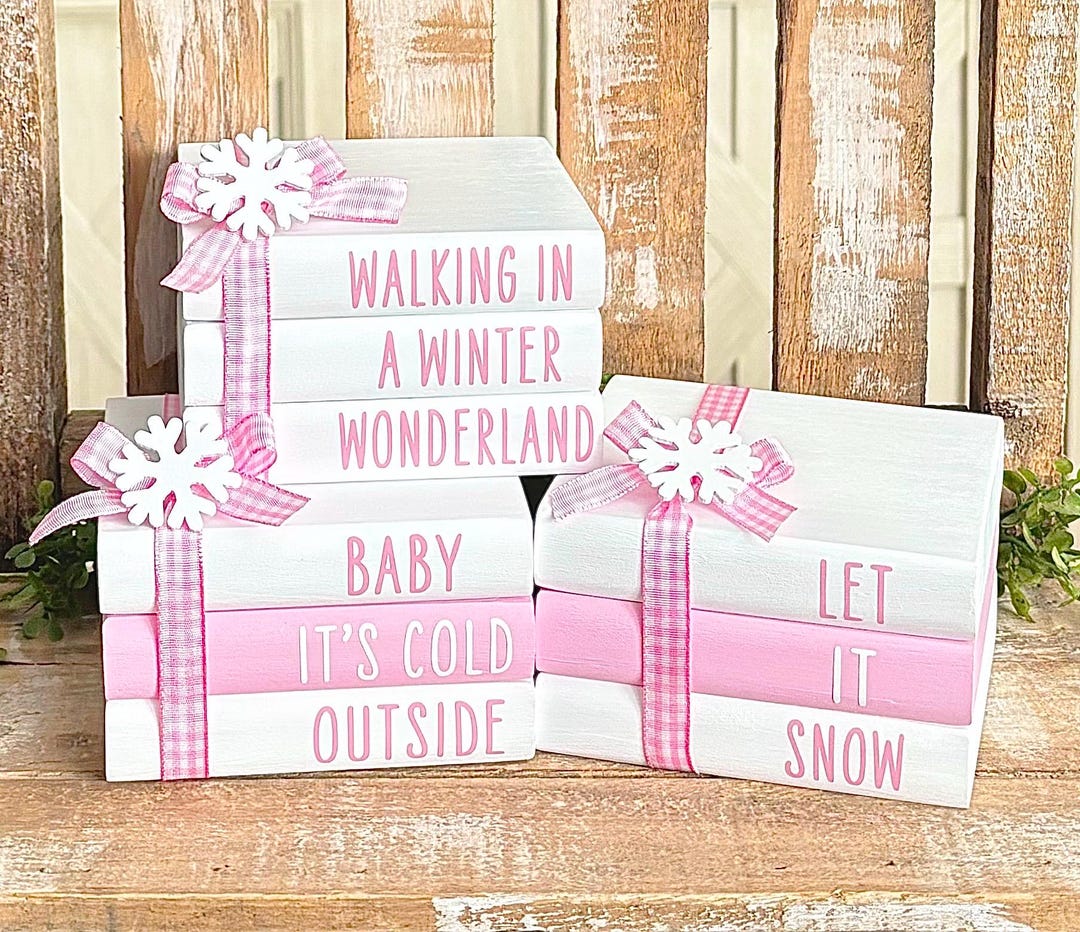 Winter Mini Wood Books Christmas Wood Book Stack Snowfkakes Decor Pink ...