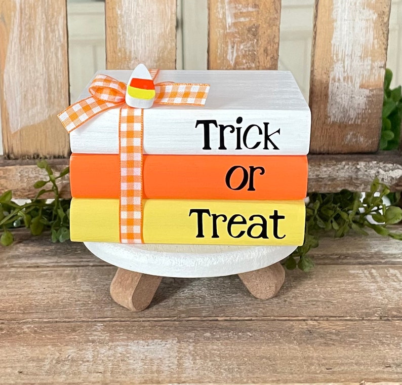 Trick or Treat Wood Book Stack Mini Wood Books Halloween - Etsy