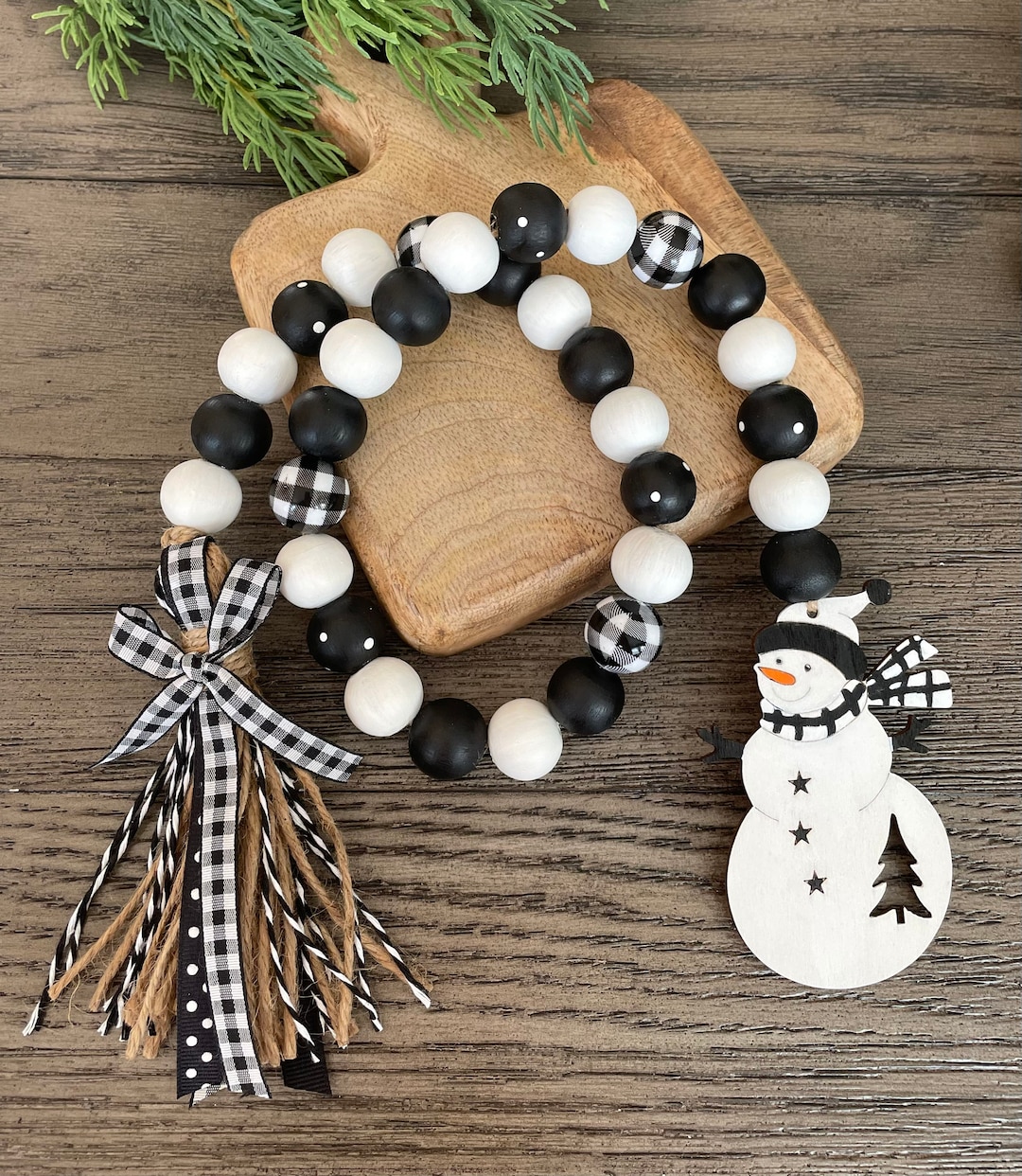 Farmhouse Snowman Garland, Snowman Decor, Snowman Wood Bead Garland ...