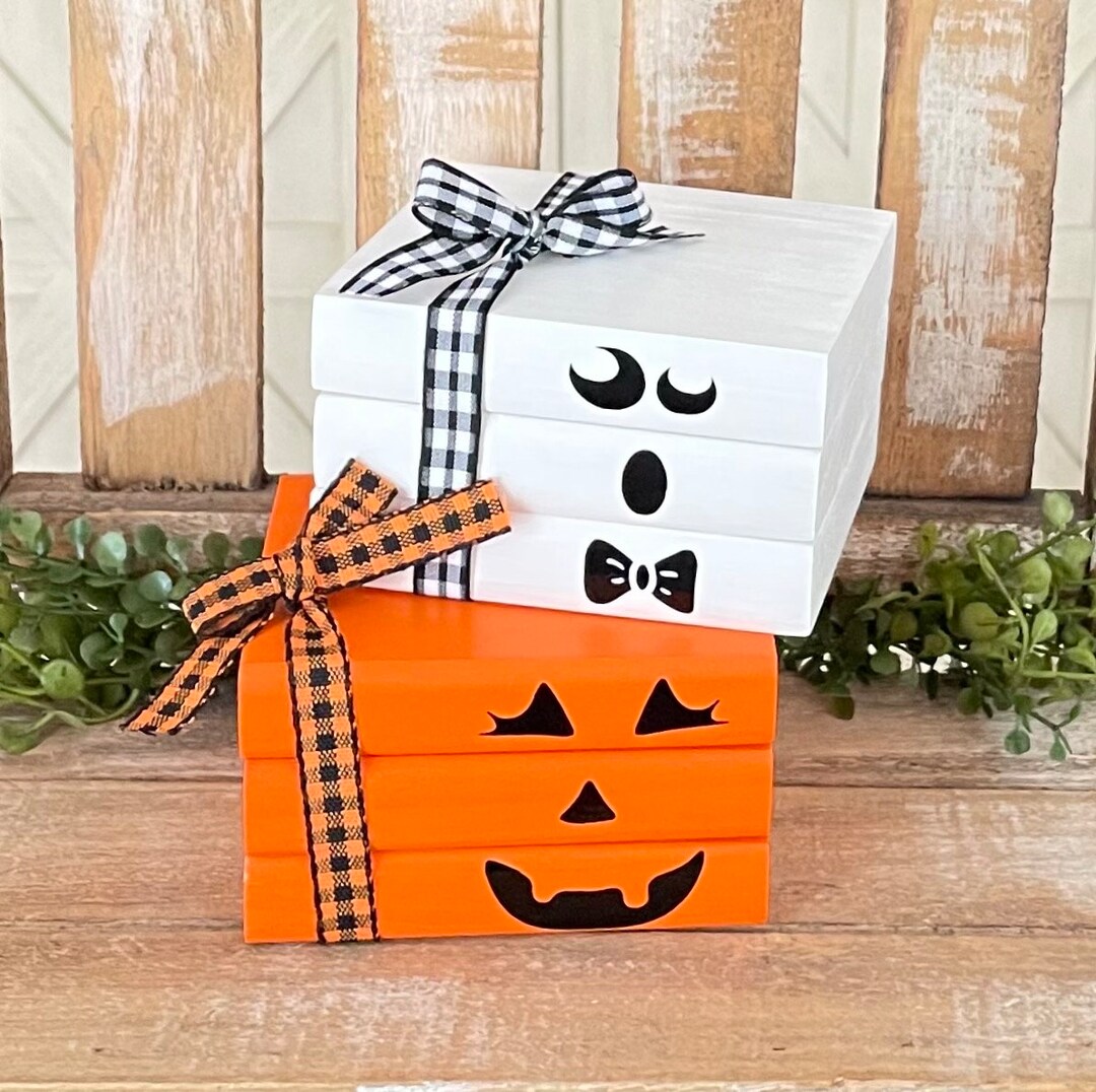Farmhouse Mini Wood Book Stack, Halloween Wood Books Halloween Decor ...
