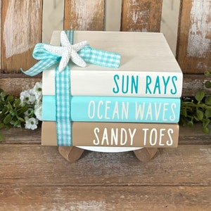 Farmhouse Beach Wood Book Stack, Beach Decor, Mini Wood Books ...