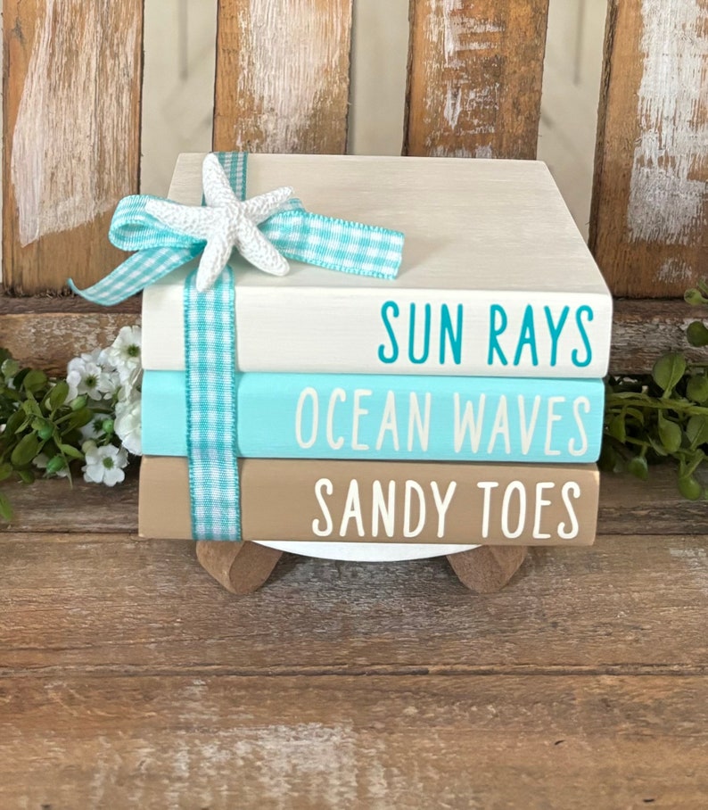 Farmhouse Beach Wood Book Stack, Beach Decor, Mini Wood Books ...