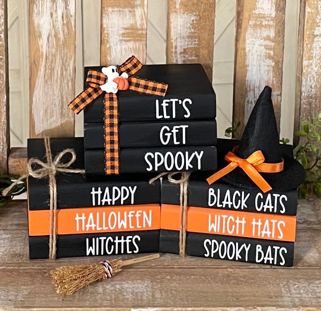 Farmhouse Mini Wood Books, Halloween Wood Book Stack, Halloween Decor ...