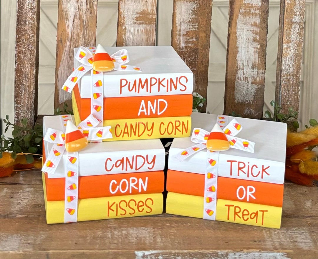 Farmhouse Mini Wood Book Stack, Halloween Book Stack, Candy Corn Wood ...