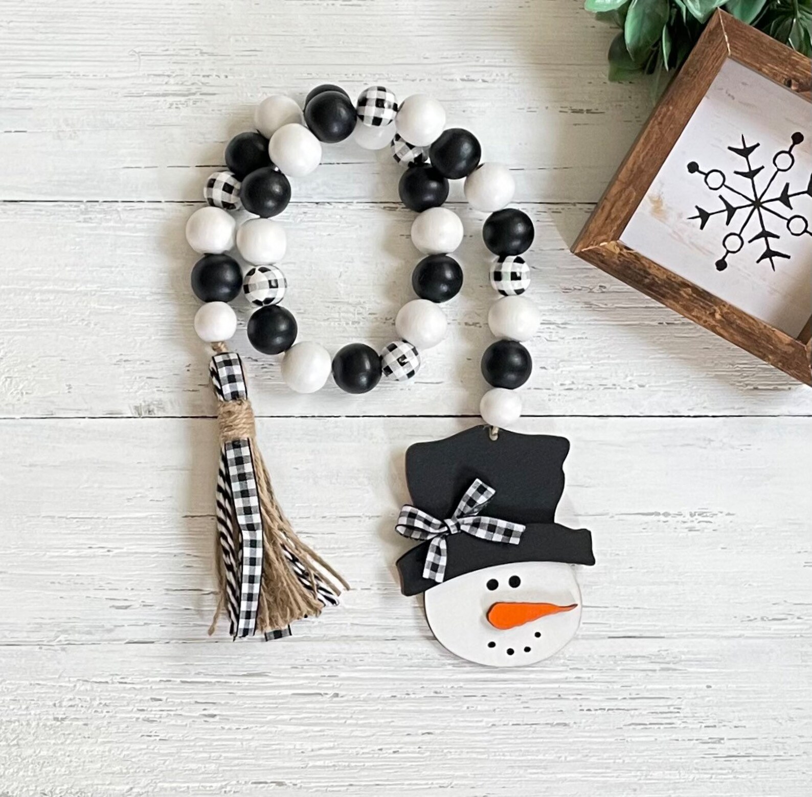 Snowman Garland, Snowman Decor, Farmhouse Wood Bead Garland, Winter ...