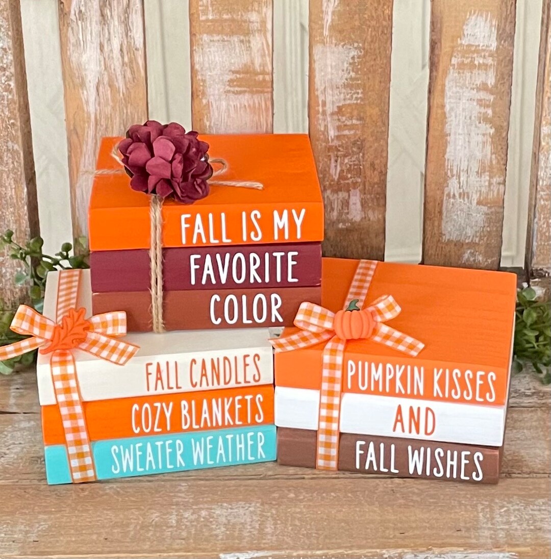Farmhouse Mini Wood Book Stack, Fall Book Stack, Fall Wood Books, Fall ...