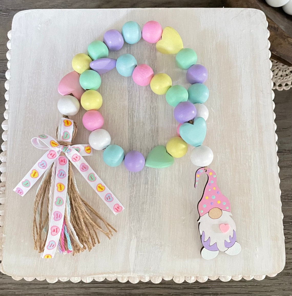 Candy Hearts Gnome Garland, Farmhouse Wooden Beads Garland, Valentine’s ...