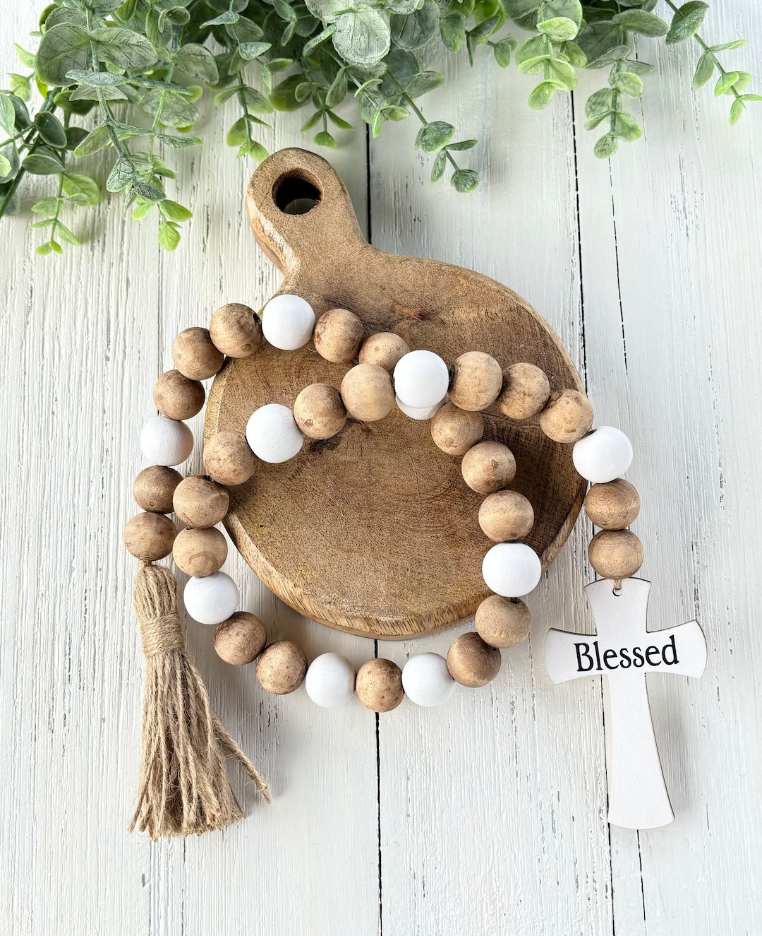 Farmhouse Wood Bead Garland He is Risen Cross Garland Wooden Beads ...