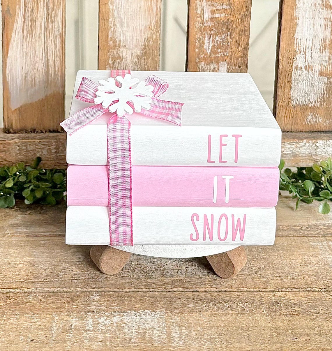 Winter Mini Wood Books Christmas Wood Book Stack Snowfkakes Decor Pink ...