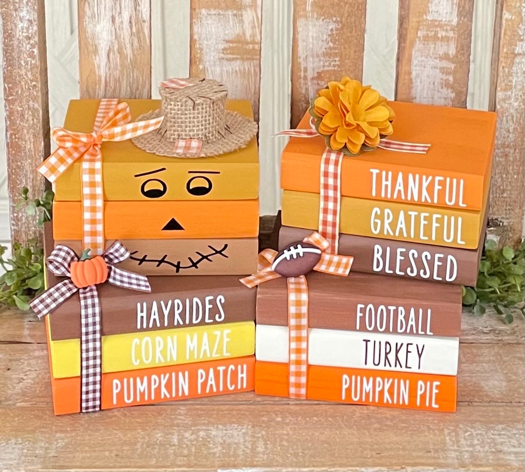 Farmhouse Mini Wood Book Stack, Fall Book Stack, Fall Wood Books, Fall ...