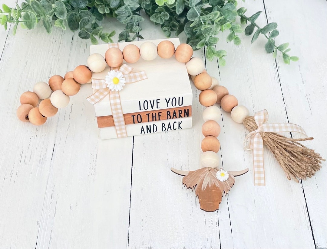 Farmhouse Wood Bead Garland, Highland Cow Garland, Farmhouse Mini Books ...
