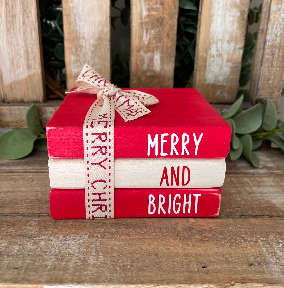 Mini Wood Books, Christmas Wood Book Stack, Christmas Decor, Farmhouse ...